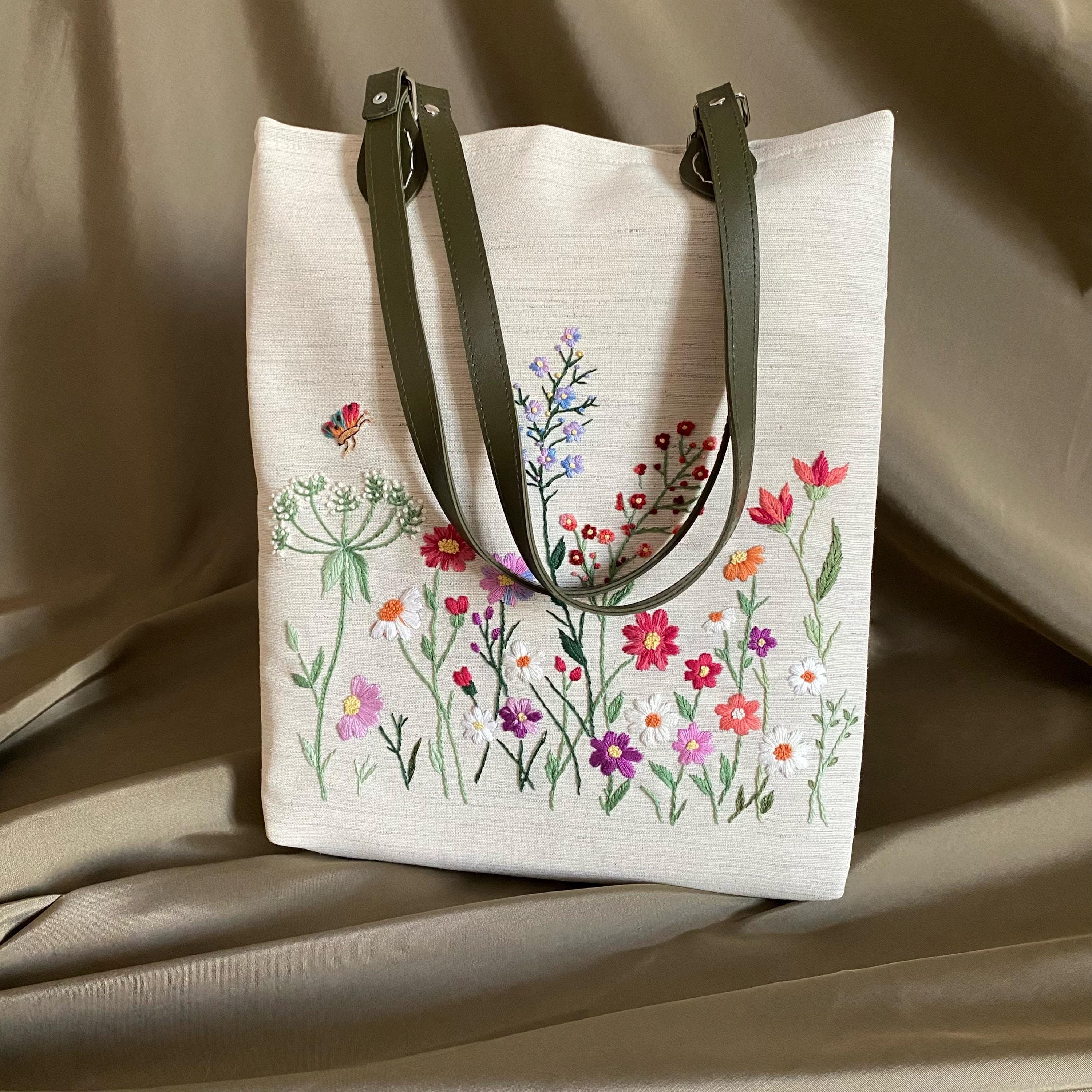 Hand-embroidered Bag With Green Faux Leather and Flower Pattern - Etsy