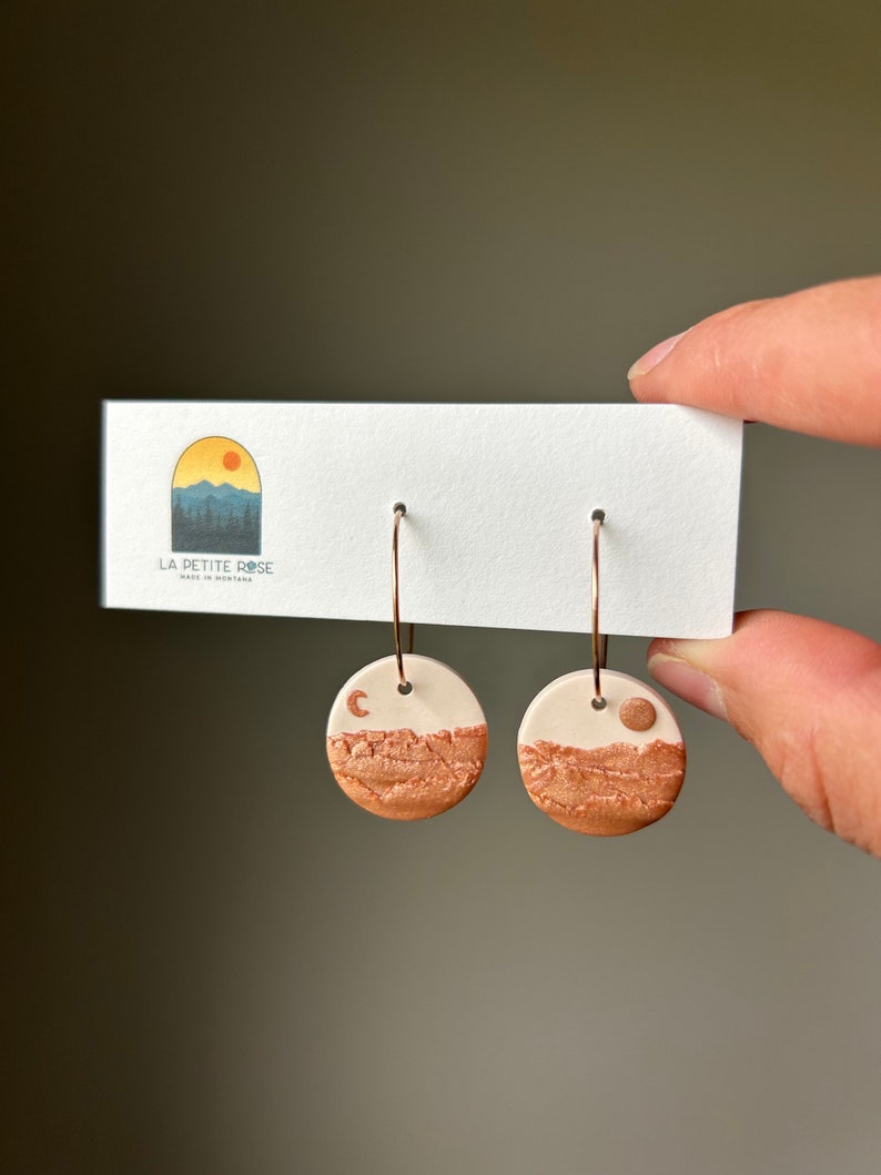 Clay Landscape Earrings, Rose Gold Sun Moon Clay Earrings, Mountain ...