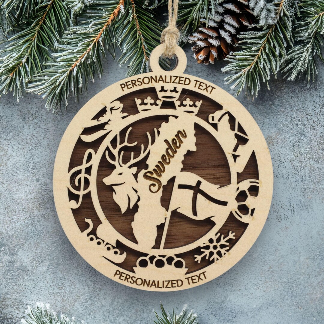 Custom Sweden Ornament – Elk, Crown & Flag Design – Personalized Travel ...