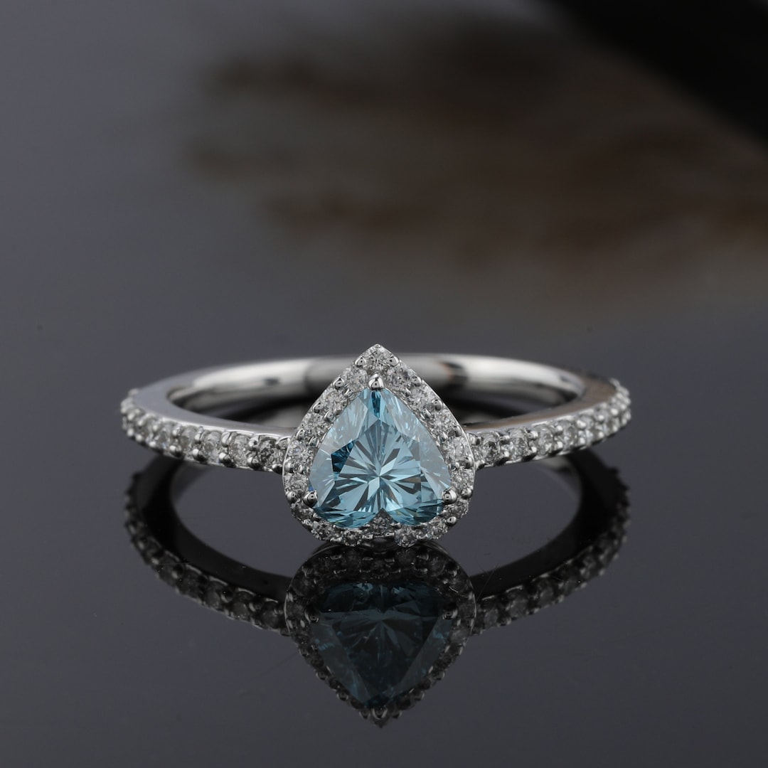 Vintage Heart Blue Lab Diamond Engagement Ring for Her in Silver ...