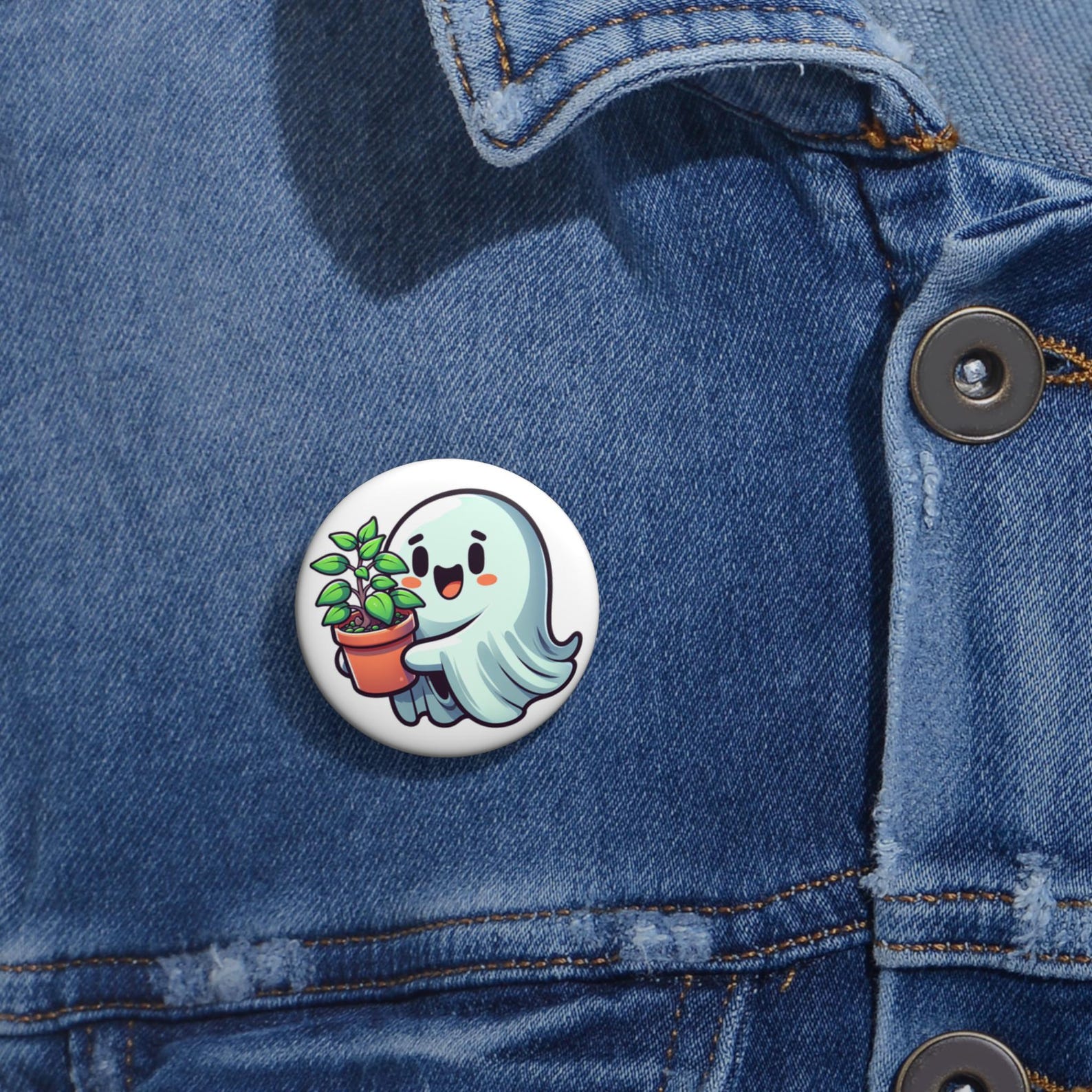 Happy Ghost With Plant Pin Button | Halloween Pin Button | Cute Ghost ...