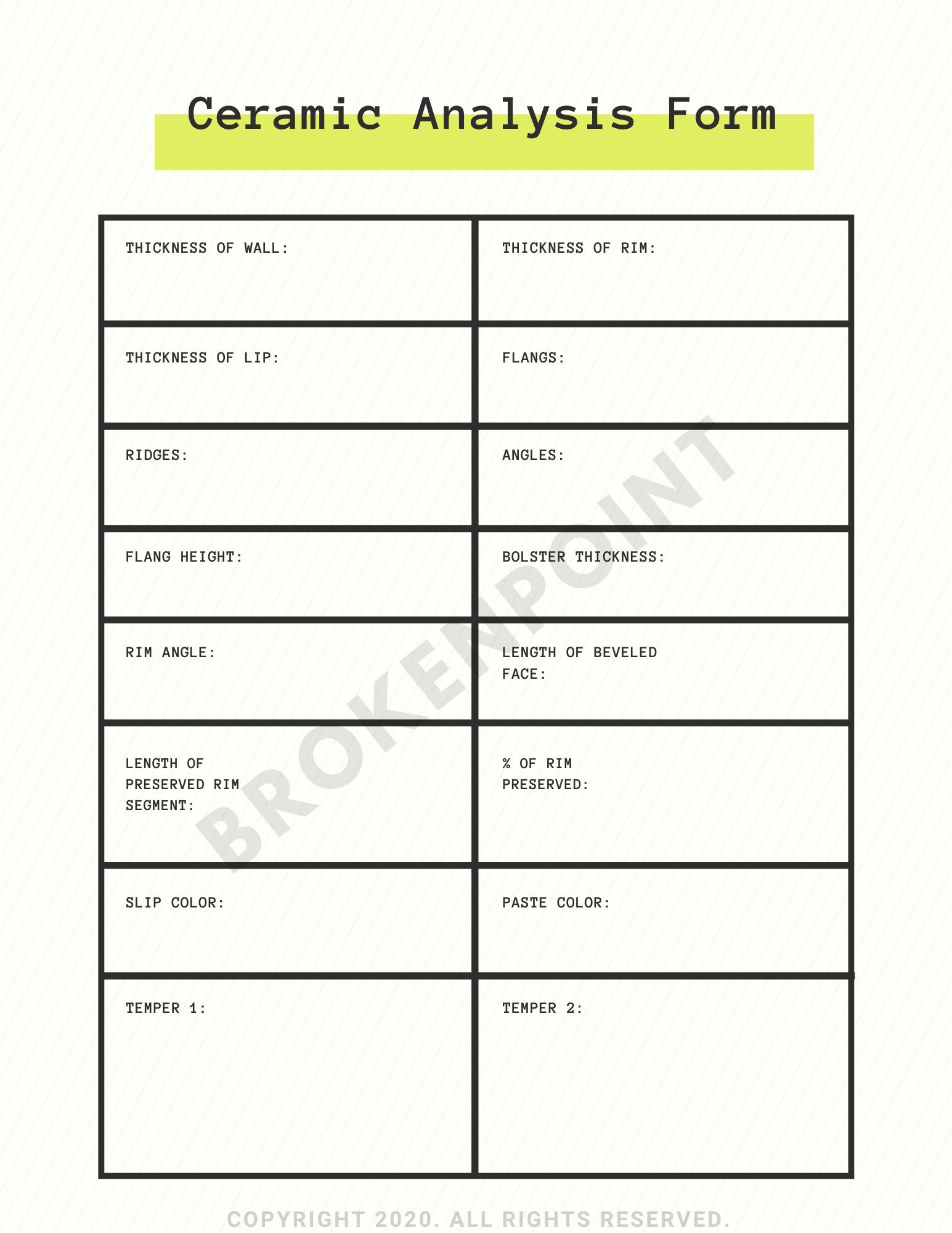Printable Ceramic Analysis Form Fill In Sheet | Etsy