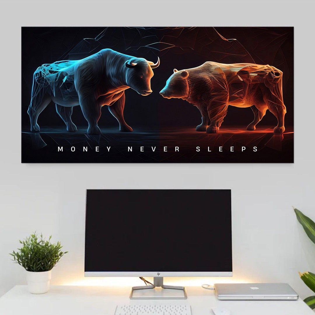 Money Never Sleeps Poster for Trader Office Decor Bear and Bull Art ...