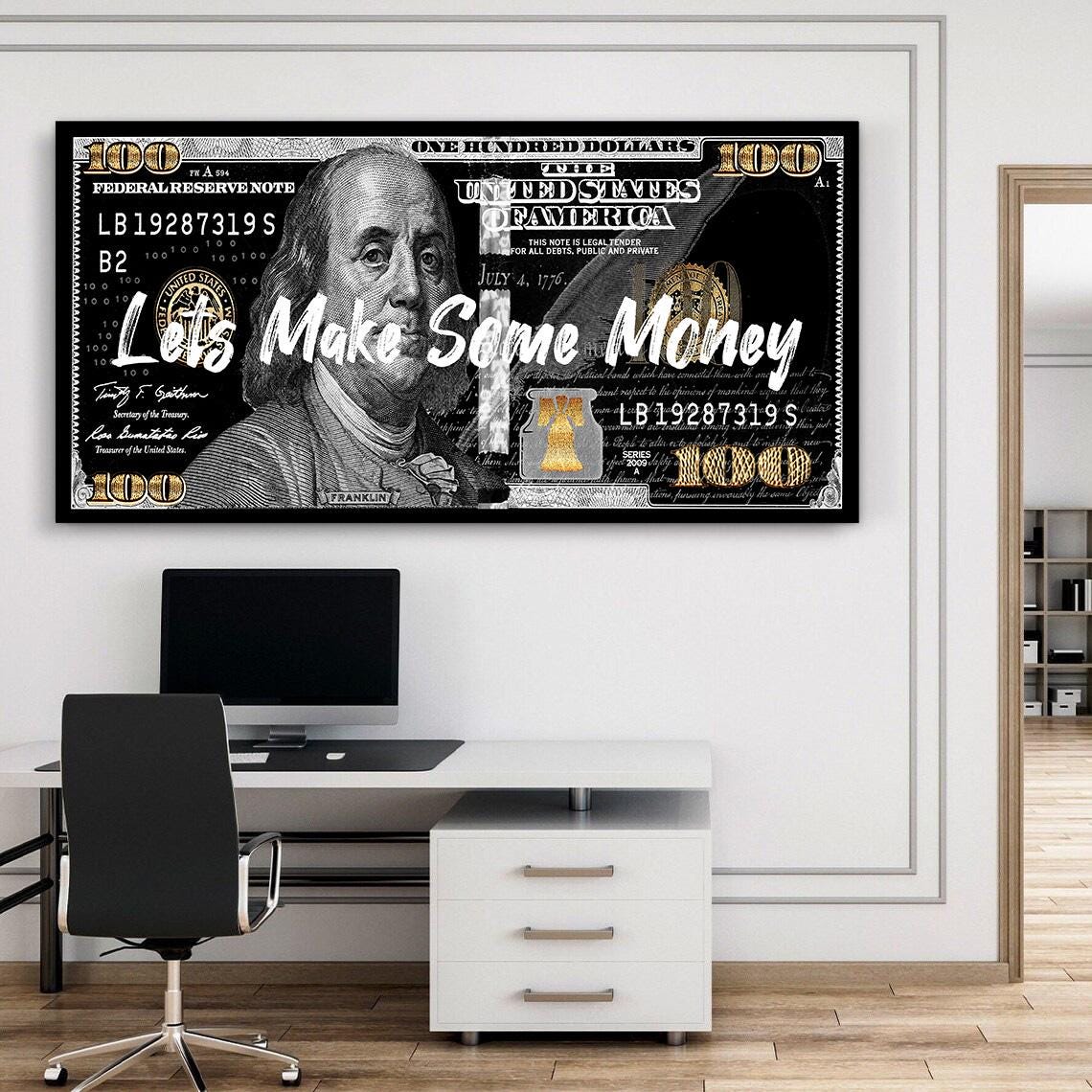 Motivational 100 Dollar Bill Canvas Prints for Entrepreneur Office Wall ...