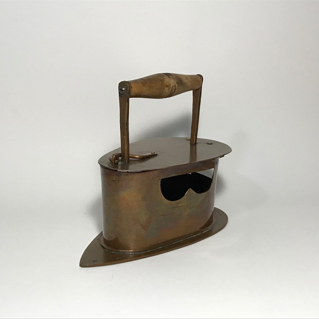 Antique Copper Iron Charcoal Coal Primitive Flatiron Wood Handle Rare ...