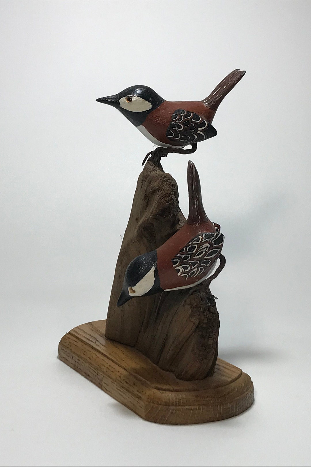 Vintage Chickadee Birds Wood Carving Hand Painted Bird Sculpture Wooden ...