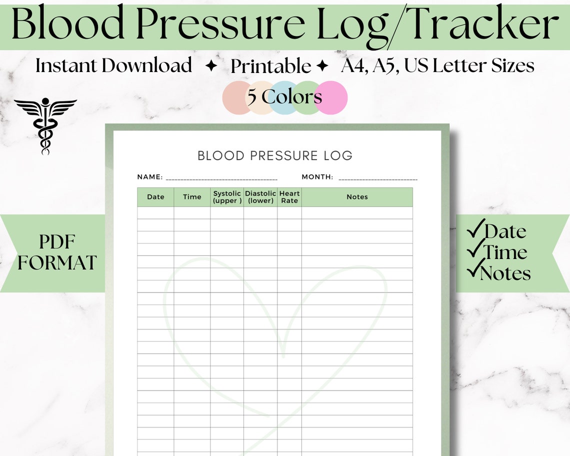 Blood Pressure Log Printable | Blood Pressure Tracker | Chart Blood ...