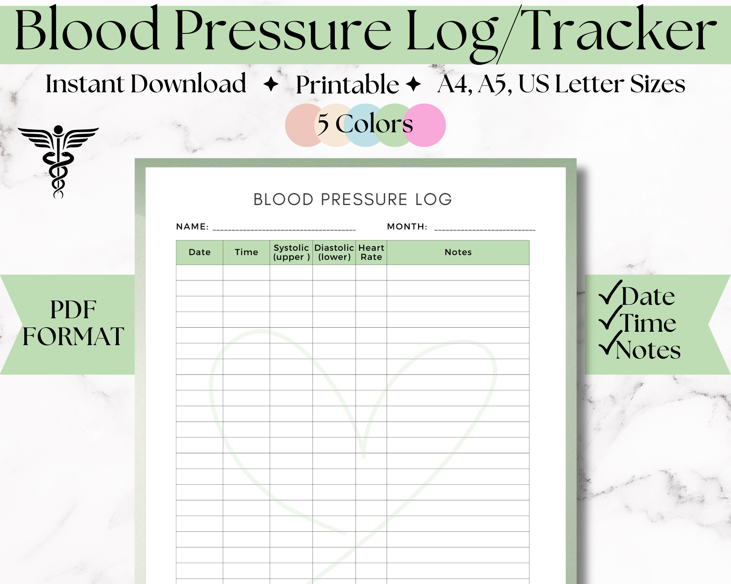Blood Pressure Log Printable | Blood Pressure Tracker | Chart Blood ...
