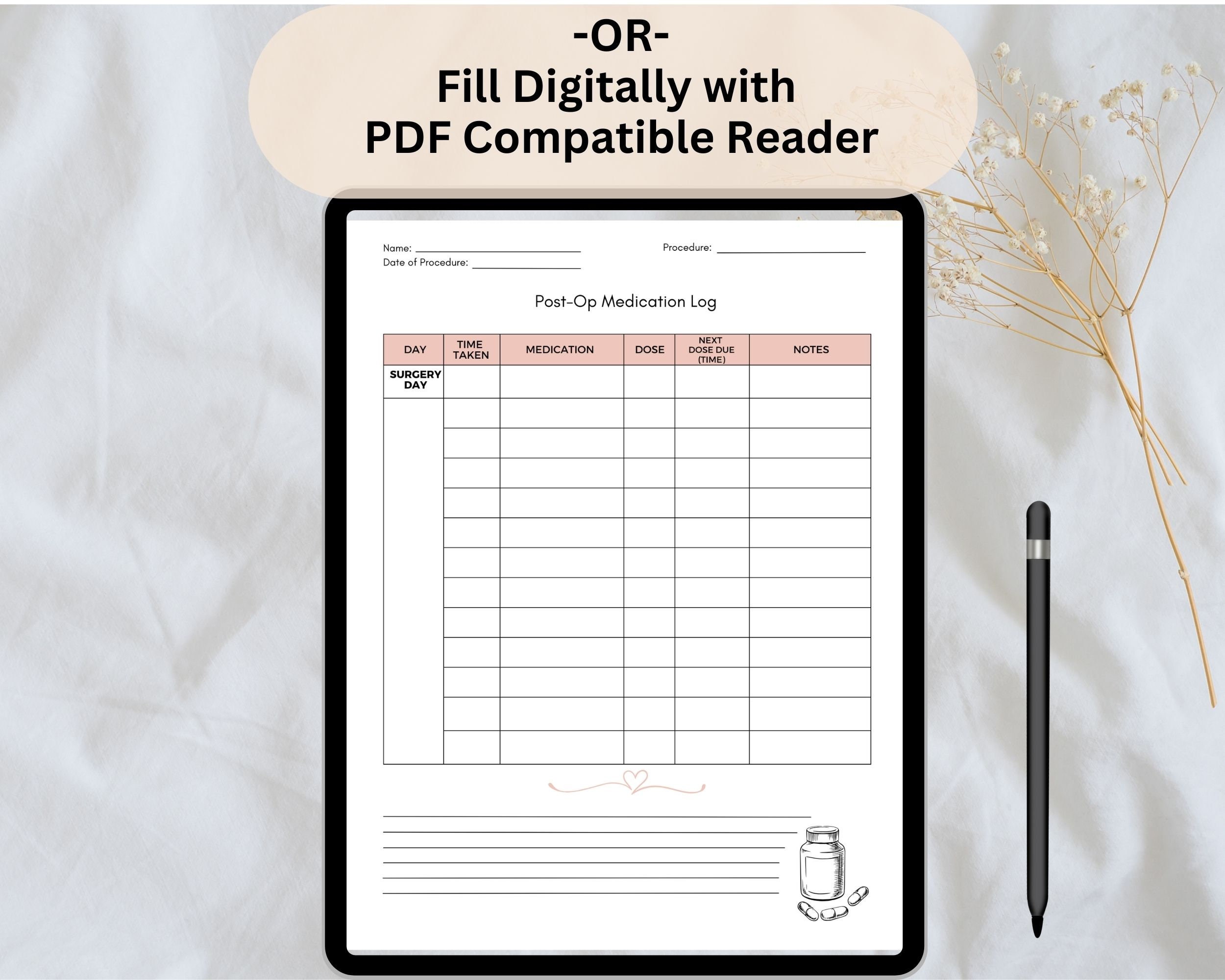 Printable Post-op Medication Tracker: Surgical Medication Log (digital ...
