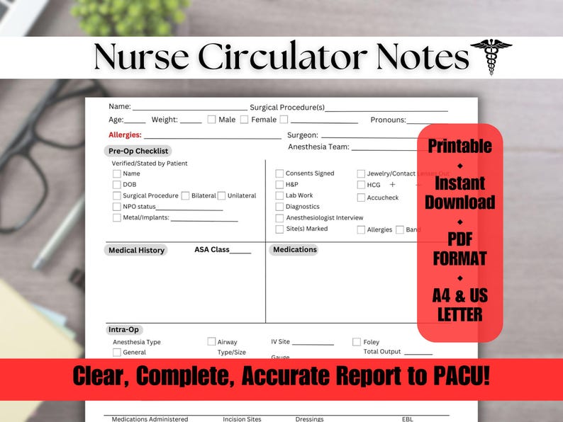 OR Nurse Report: Circulator Checklist, PACU Handoff (digital Download ...