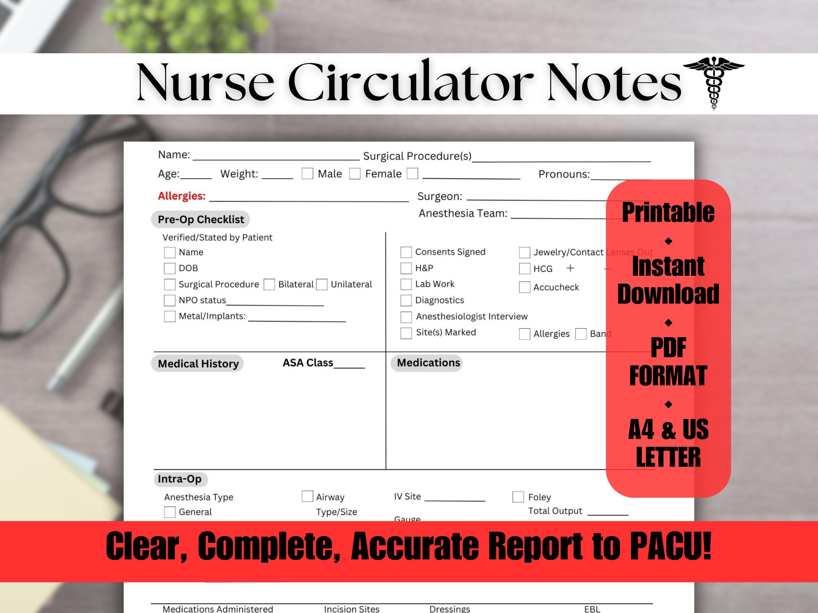 Operating Room Nurse Notes| Nurse Circulator Checklist| OR Nurse Brain ...