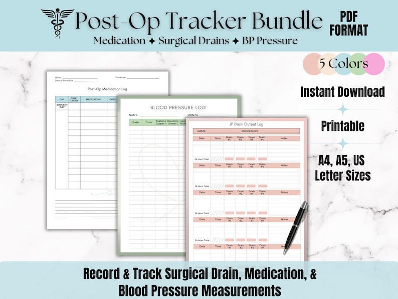 Post Op Tracker Bundle| Surgical Drain Record | Mastectomy Drain Log ...