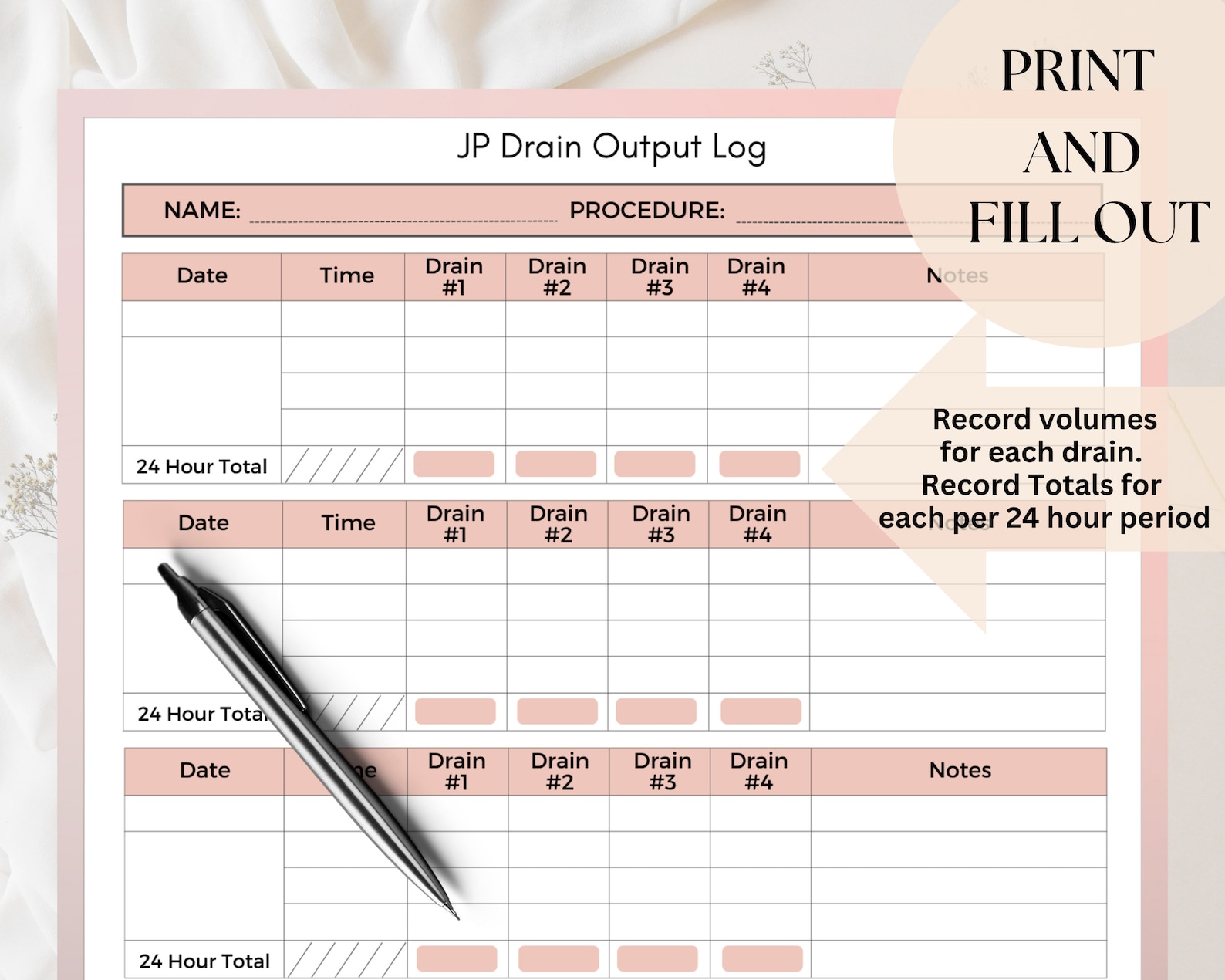 Surgical Drain Logs | Post Op JP Drain Record | Mastectomy Drain ...