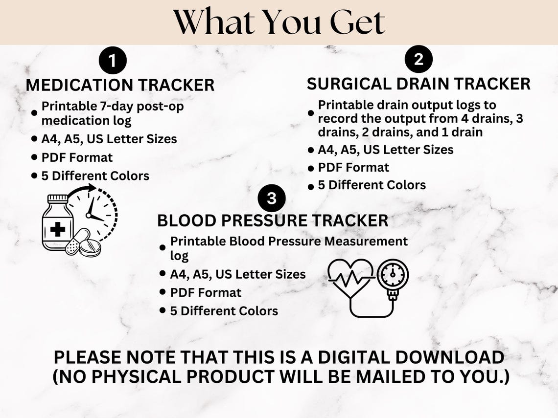 Post Op Tracker Bundle: Surgical Drain, Medication, BP (printable PDF ...