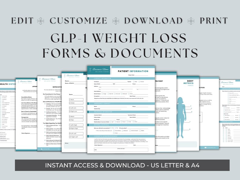 GLP1 Weight Loss Forms: Patient Intake, Semaglutide Bundle (canva ...
