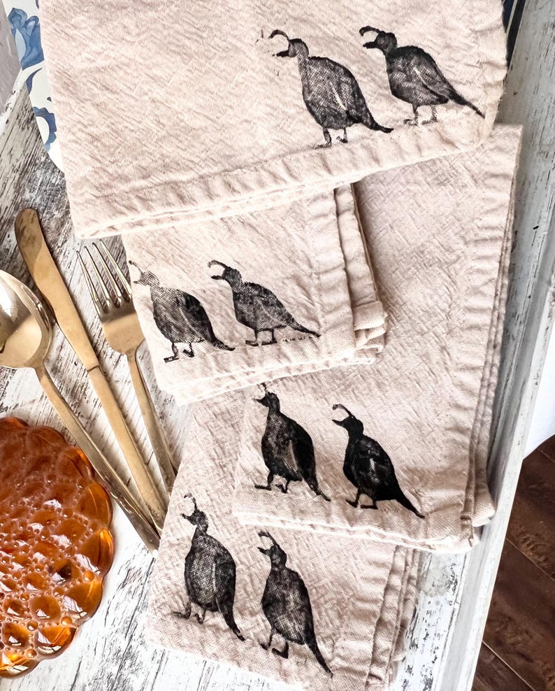 Quail Block Printed Cotton Dinner Napkins - Etsy