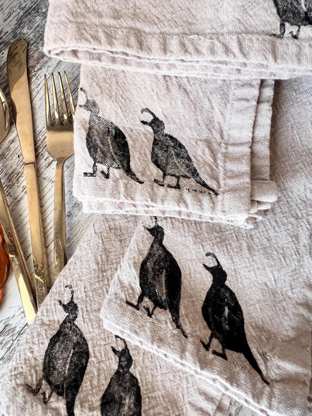 Quail Block Printed Cotton Dinner Napkins - Etsy