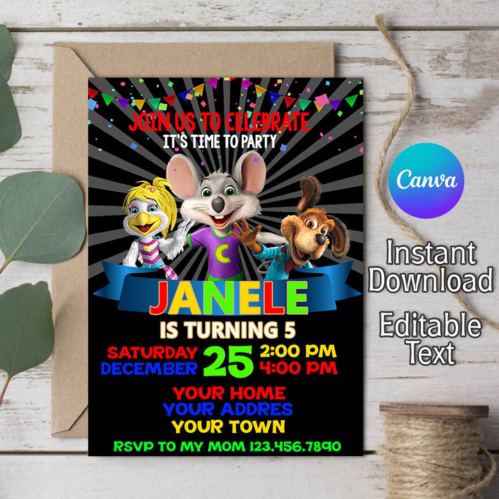 Chuck E Cheese Invitation, Chuck E Cheese Birthday, Chuck E Cheese ...