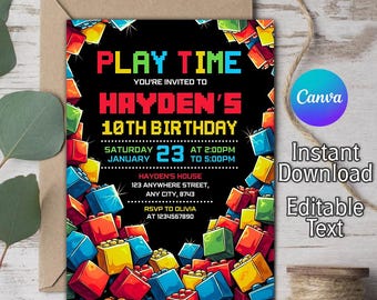 Editable Building Blocks Birthday Invitation, Blocks Invitation, Boy ...