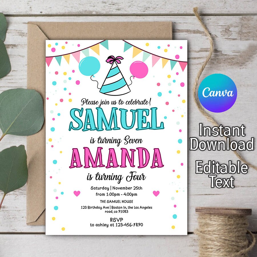 Editable Siblings Birthday Invitation Sibling Invitation - Etsy
