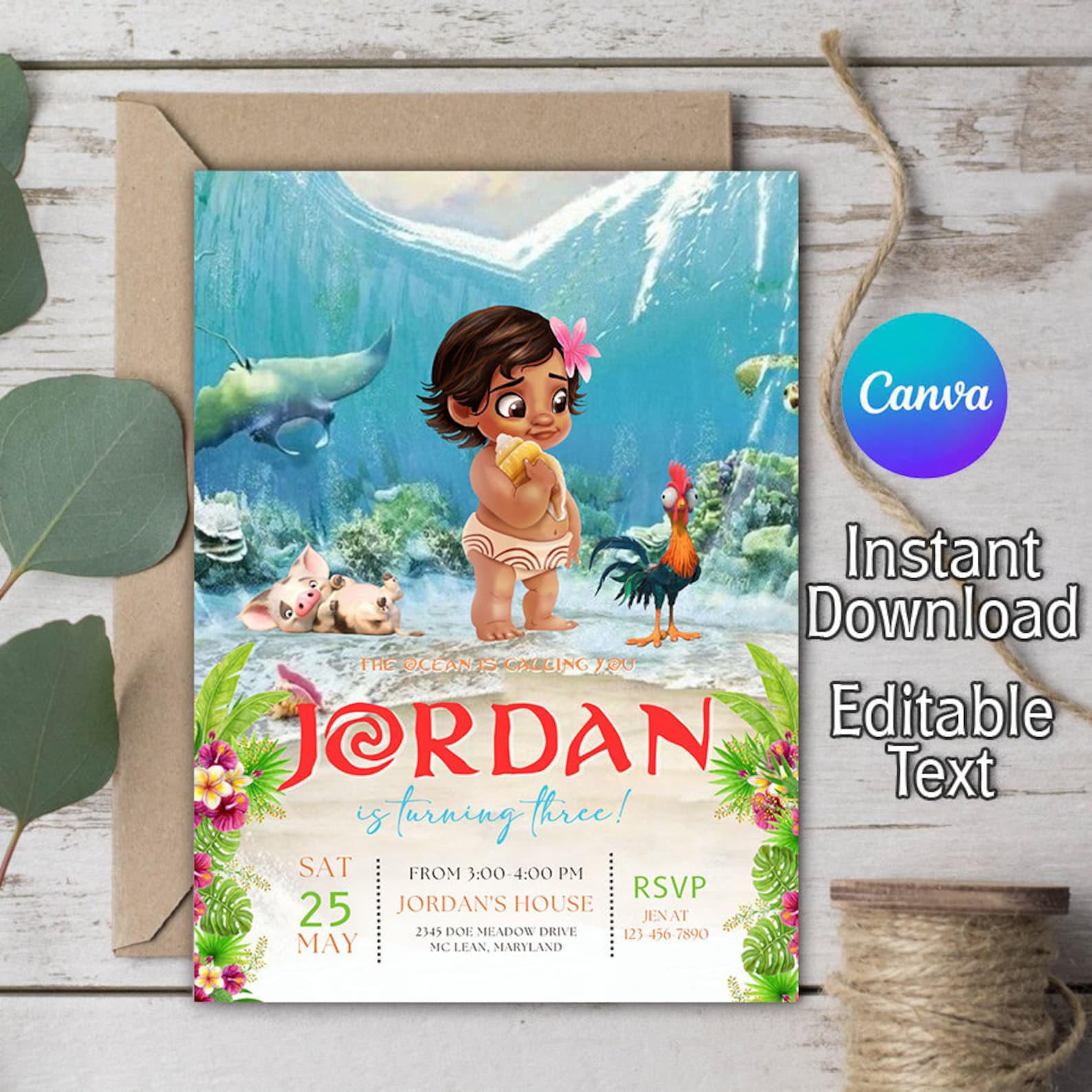 Baby Moana Birthday Invitation, Baby Moana Invitation, Moana Birthday ...