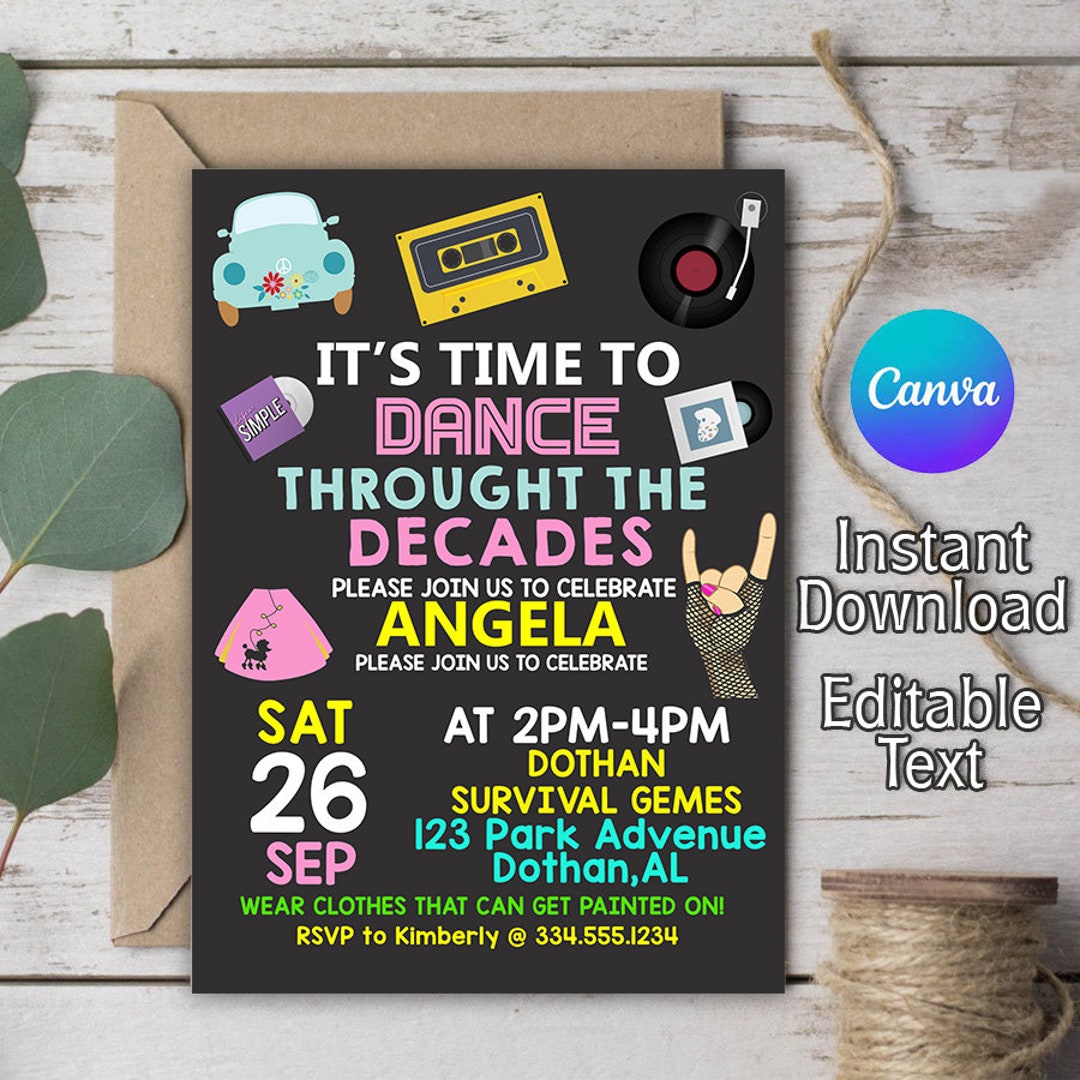 Dance Through the Decades Birthday Invitation, Dance Invitation, Decade ...