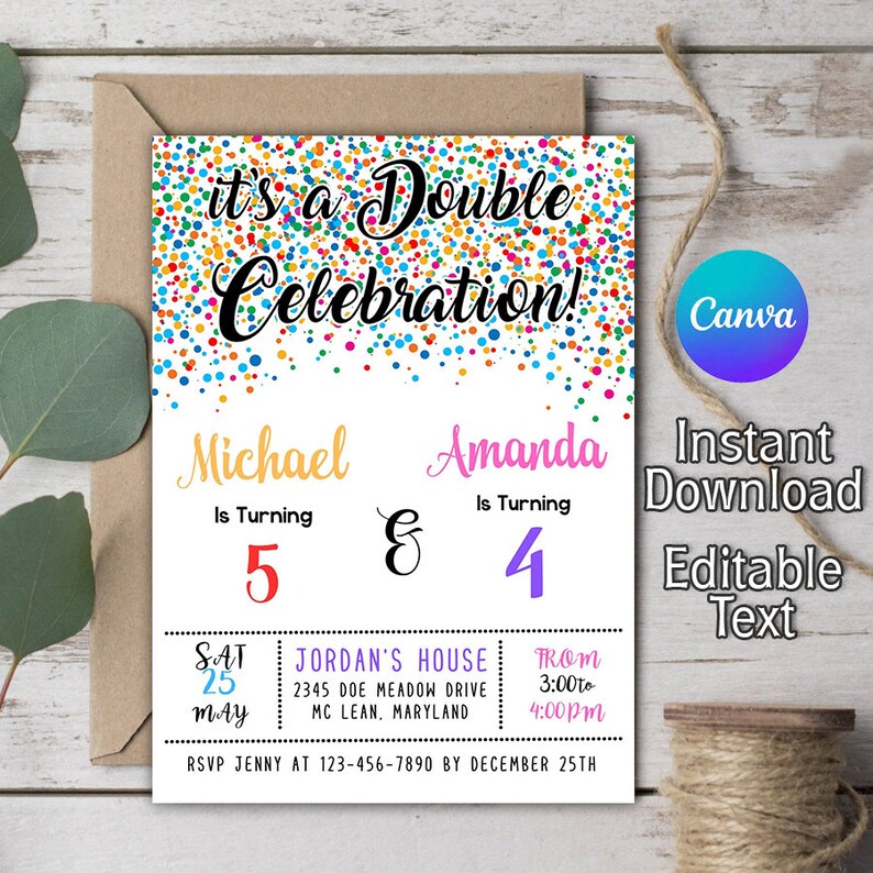 Confetti Joint Birthday Invitation, Double Birthday Celebration ...