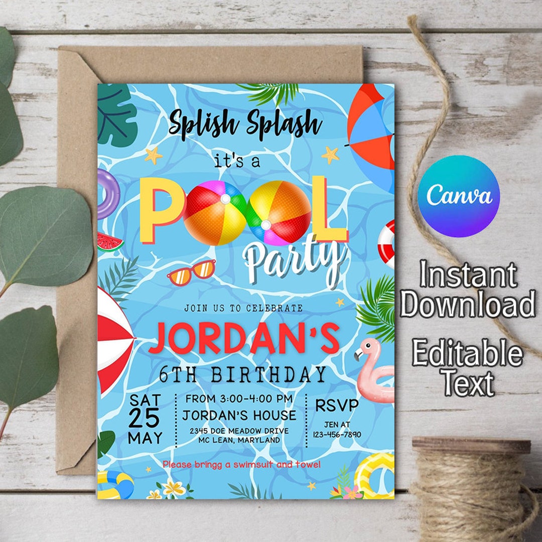 Editable Pool Party Invitation, Splish Splash Birthday, Swim Party ...