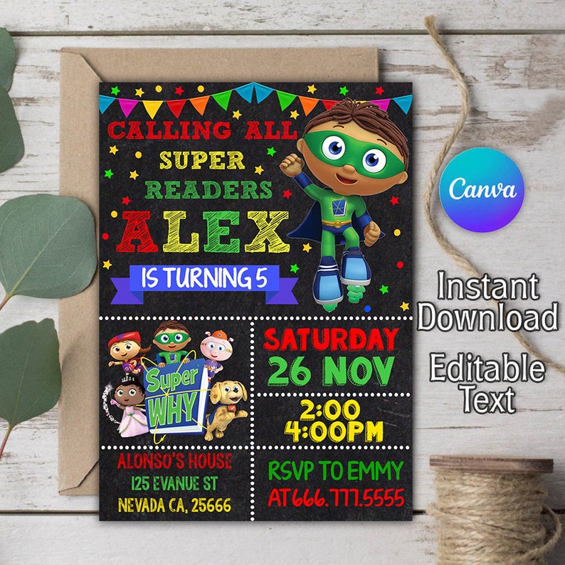 Super Why Invitation, Super Why Birthday, Super Why Birthday Invite ...