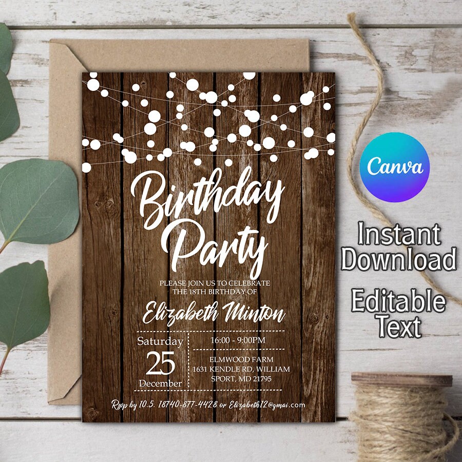 Rustic Birthday Invitation, Wood and Lights Invite, Rustic Wood ...