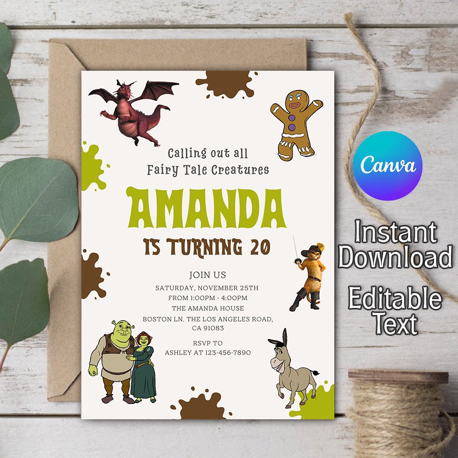 Editable Shrek Birthday Party Invitation, Shrek Birthday Invitation ...