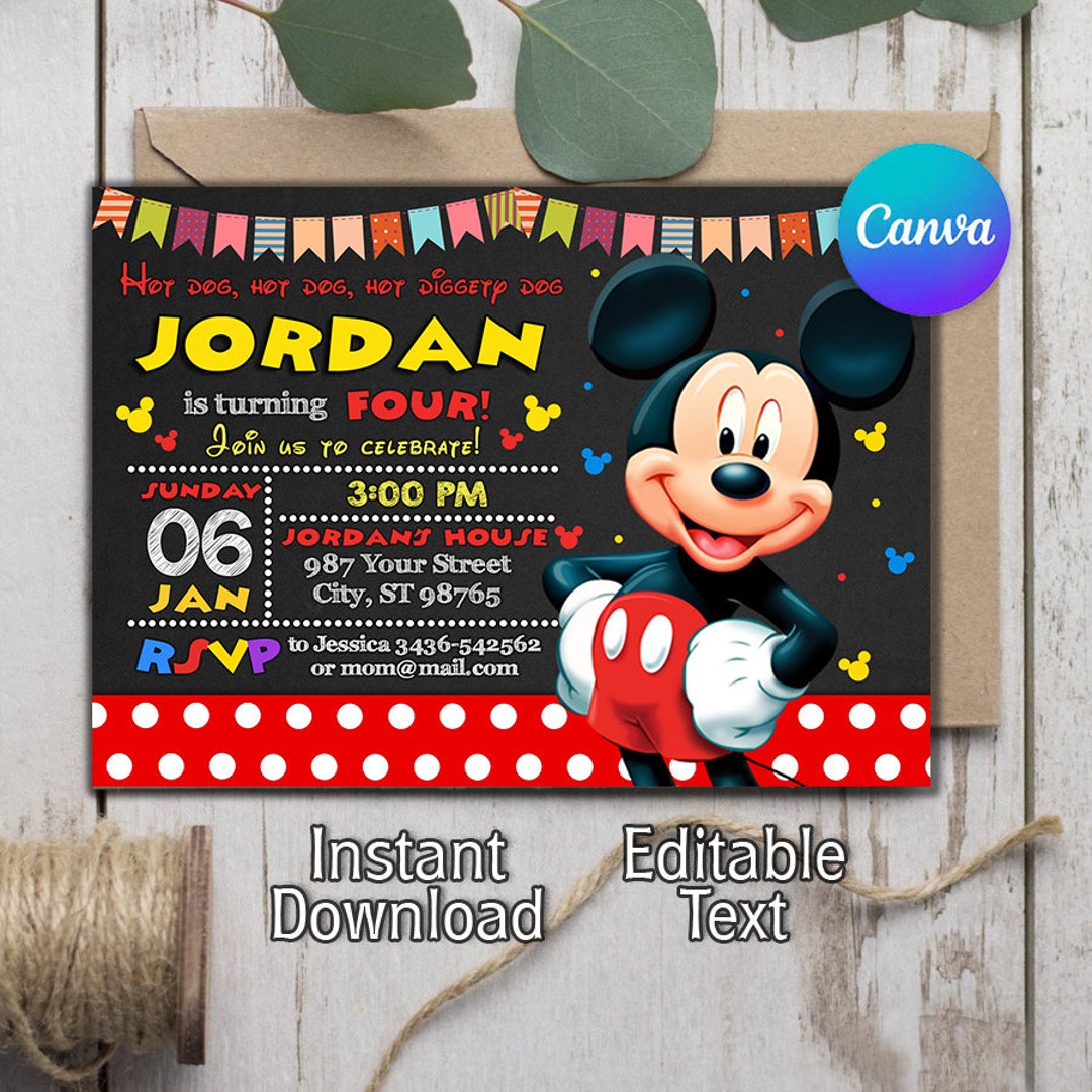 Mickey Mouse Birthday Invitation, Mickey Mouse Invitation, Mickey ...