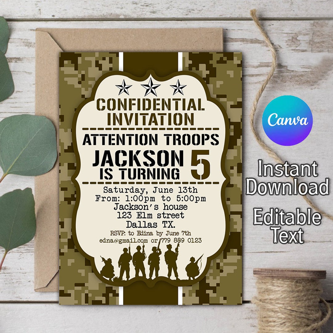 Army Invitation, Camo Invitation, Soldier Birthday Invitation, Military ...