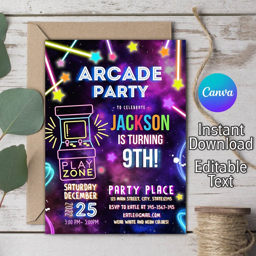 Arcade Party Birthday Invitation, Arcade Birthday Invitation, Glow ...