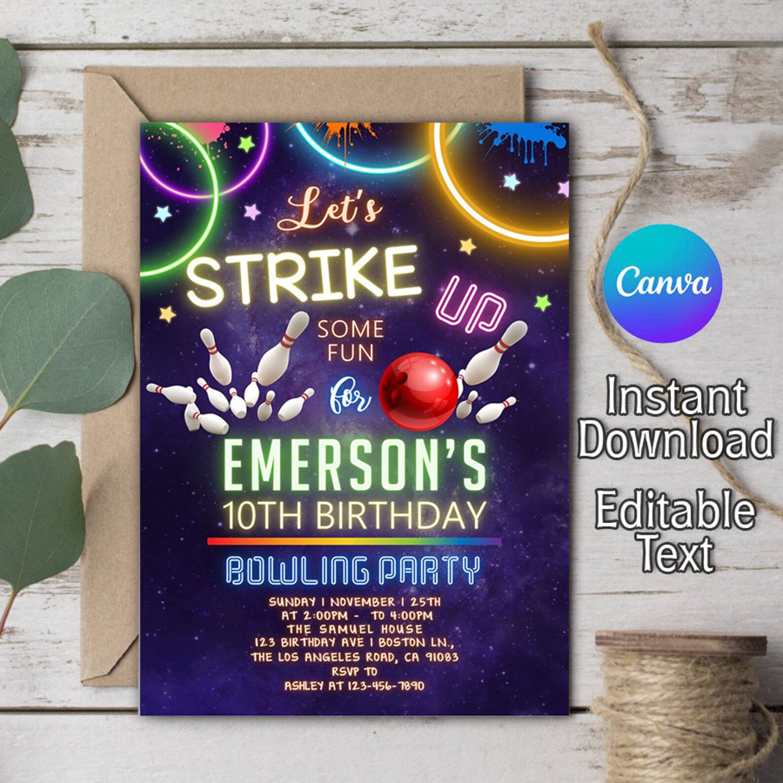 Editable Bowling Birthday Invitation, Glow Bowling Invitation, Bowling ...