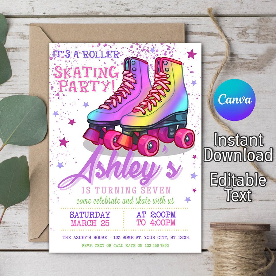 Roller Skate Birthday Invitation, Glow Skating Invitation, Roller Skate ...