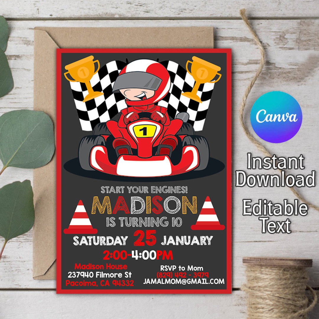 Go Kart Birthday Invitation, Go Kart Invitation, Car Race Invitation ...
