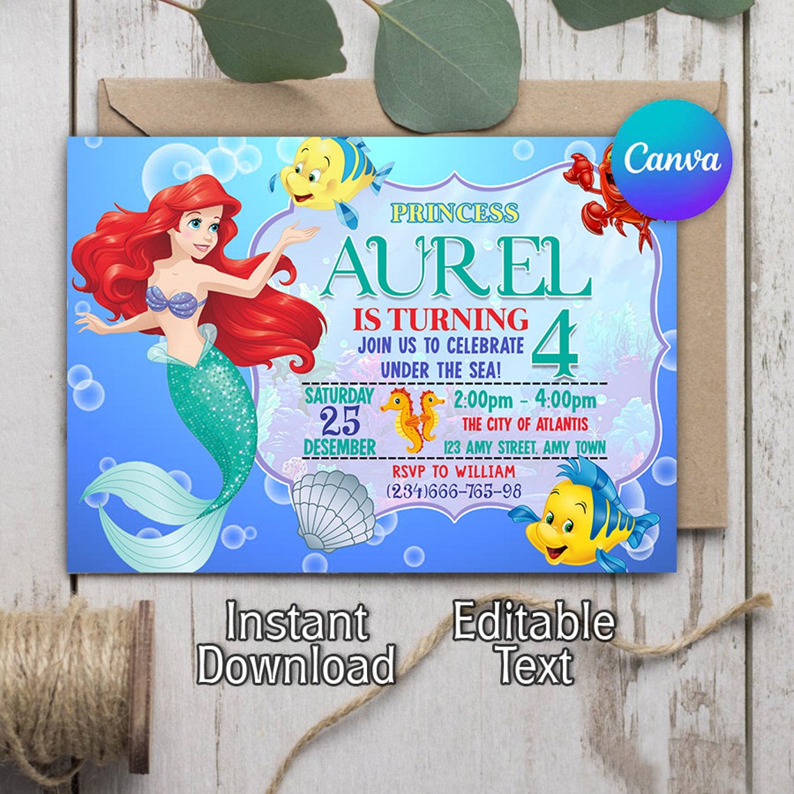 The Little Mermaid Invitation, Little Mermaid Birthday Invitation ...