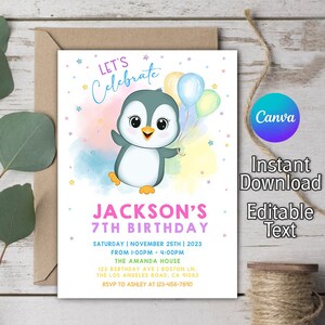 Penguins Birthday Invitation, Penguins Party, Penguin Invitation, Girls ...