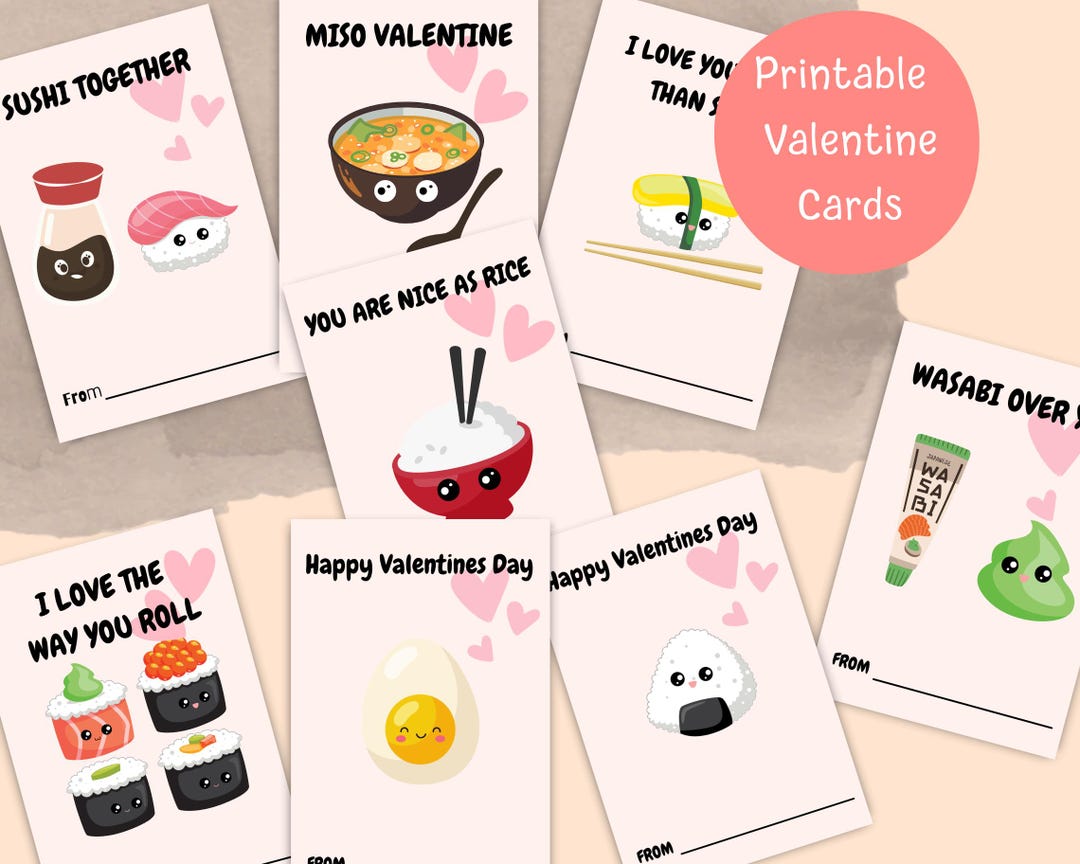 Sushi Valentine Card Set, Printable School Valentines, Classroom ...