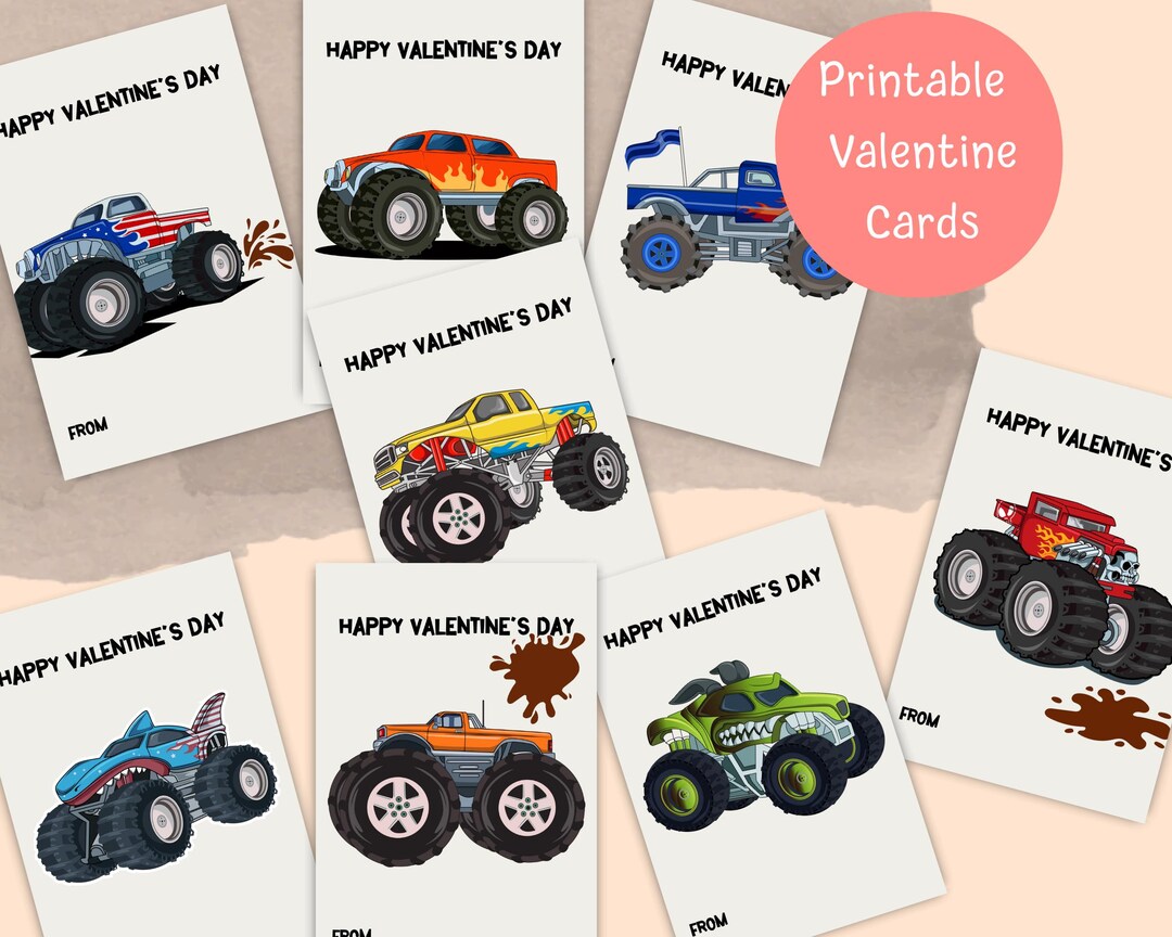 Monster Truck Valentine Card Set, Printable Kids Valentines (instant ...
