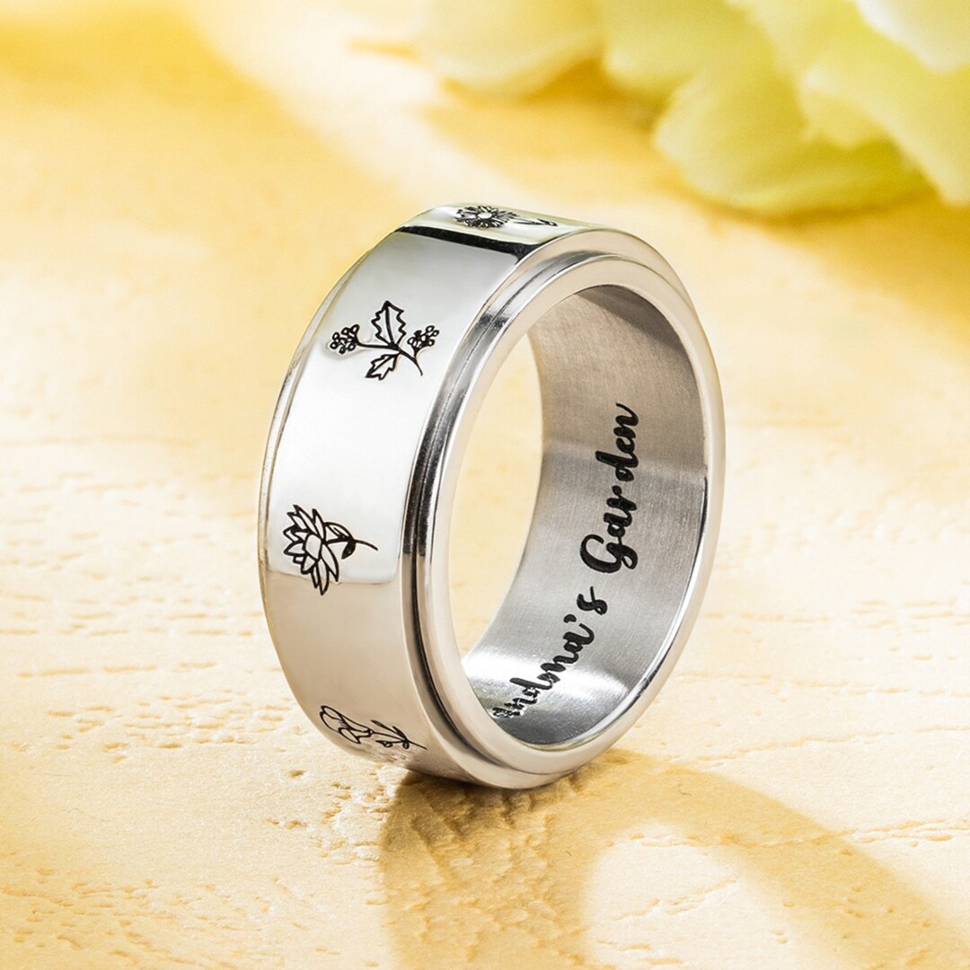 Personalized Custom Text Birth Flower Ring Sterling Silver Engrave ...