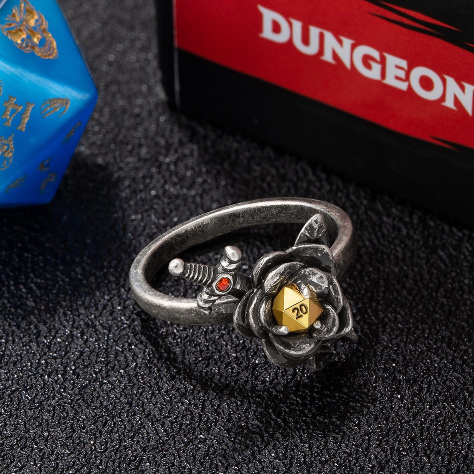 Custom Birthstone Retro Dark Rose Dice Ring, DND Custom Engraved Ring ...