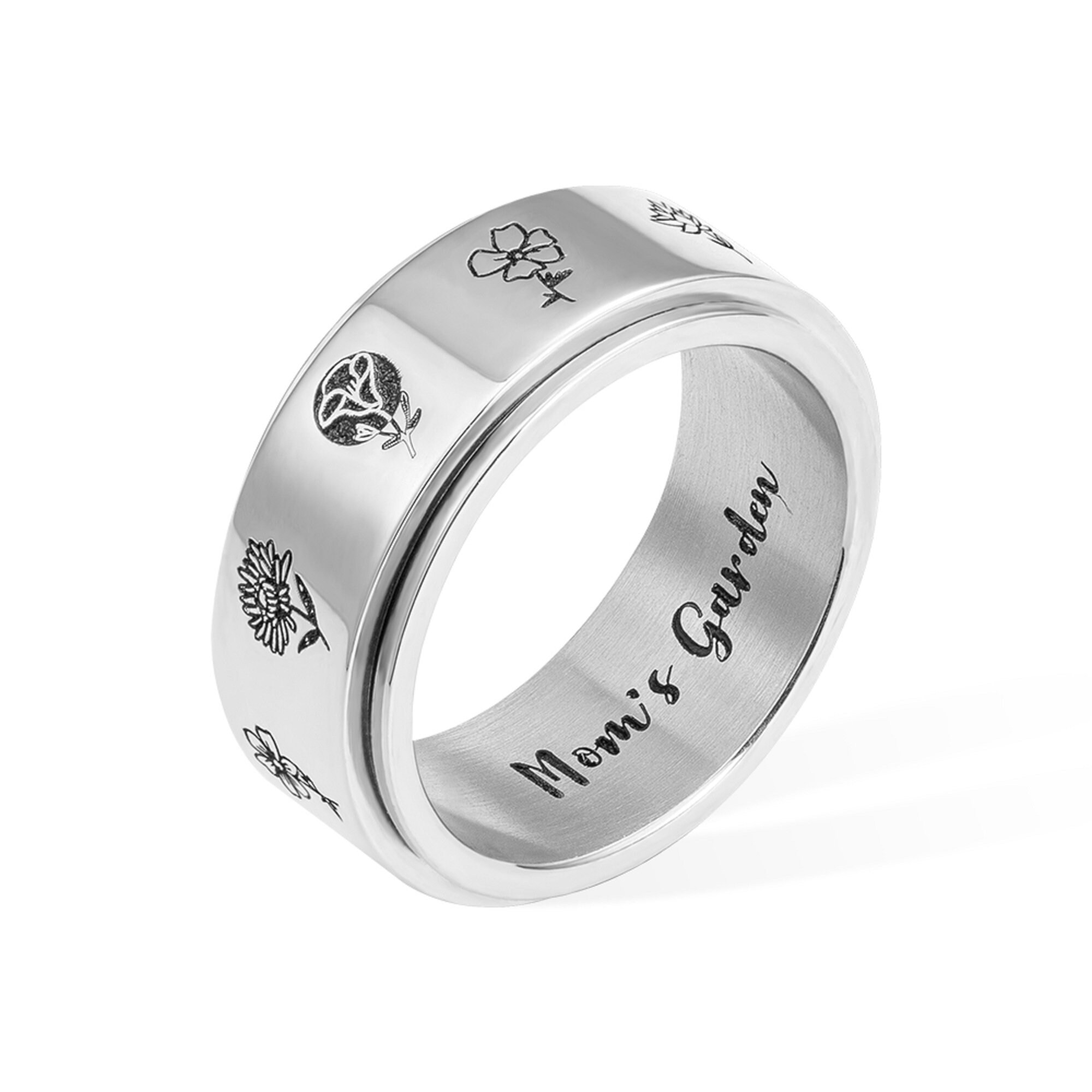 Personalized Custom Text Birth Flower Ring Sterling Silver - Etsy