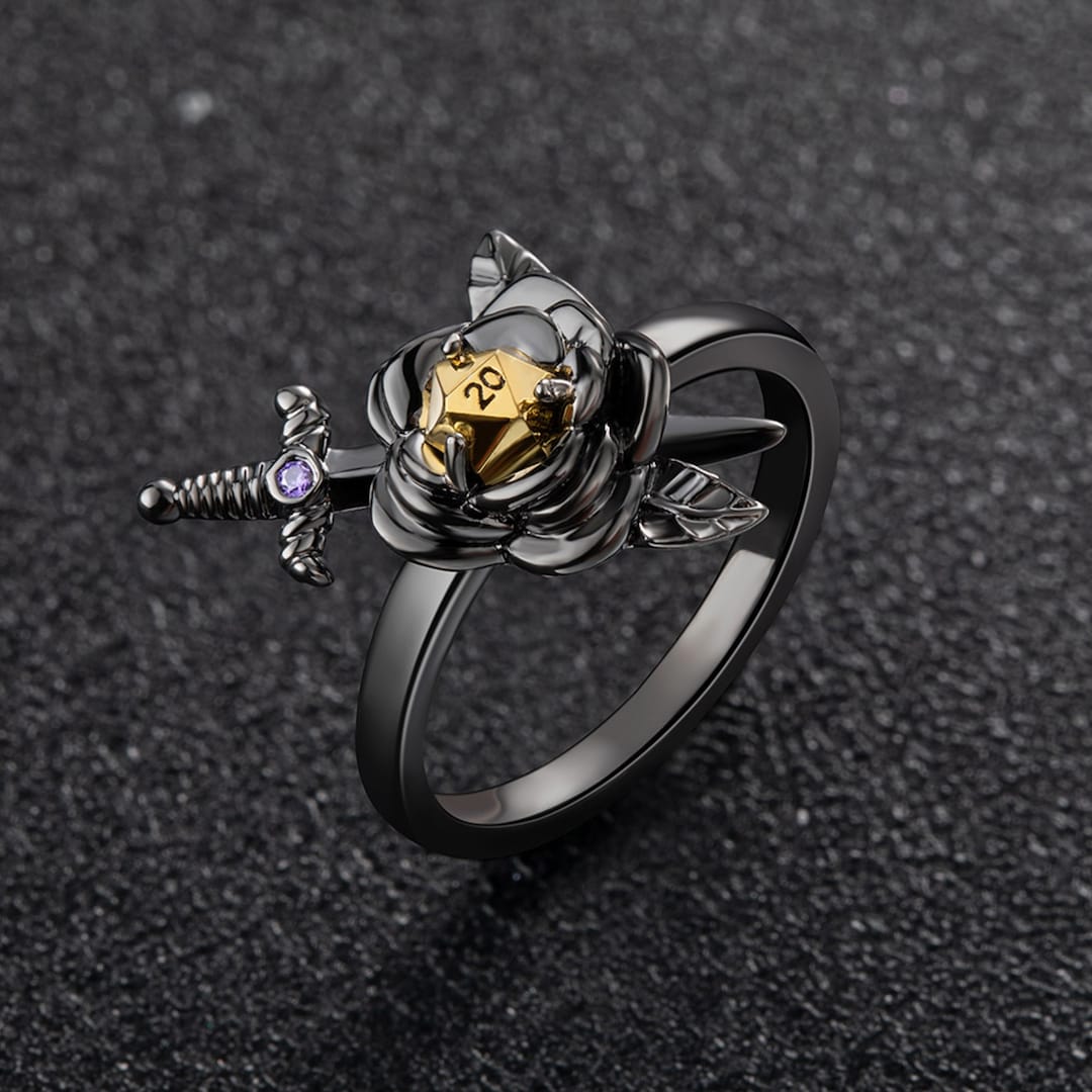 Custom Birthstone Retro Dark Rose Dice Ring, DND Custom Engraved Ring ...