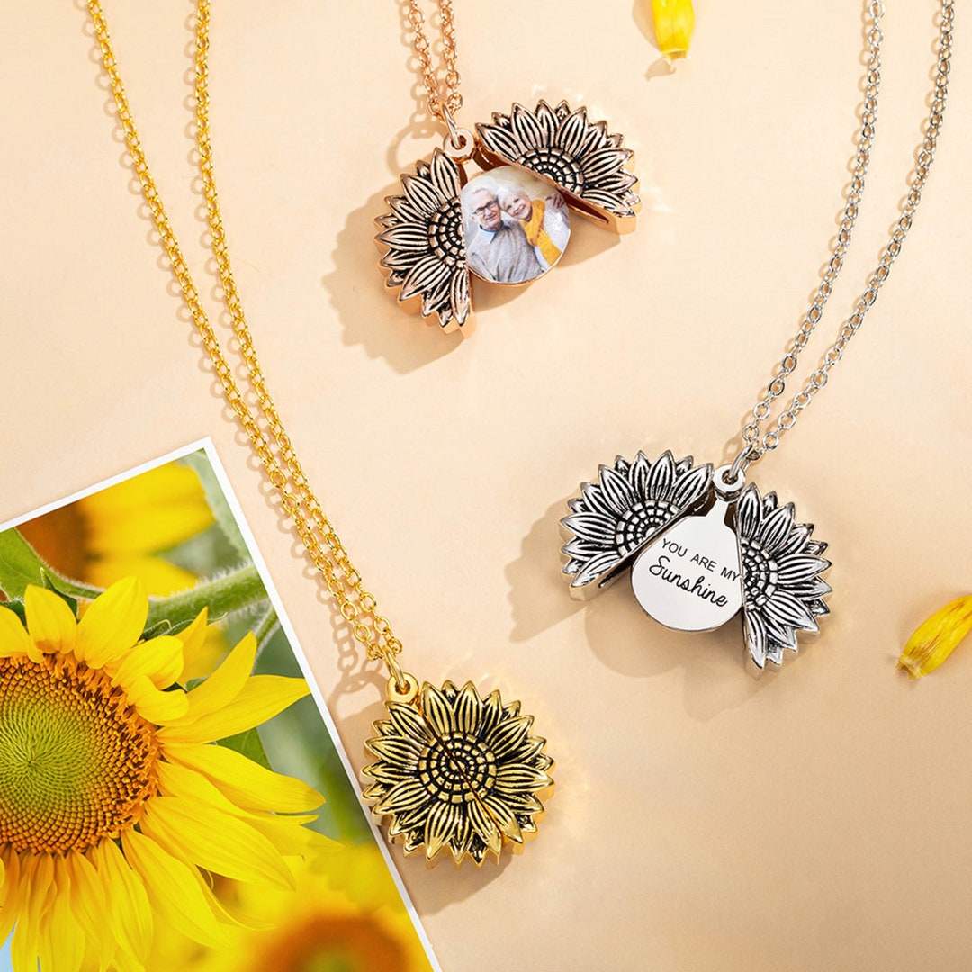 Personalized Sunflower Photo Locket Necklace, You Are My Sunshine ...
