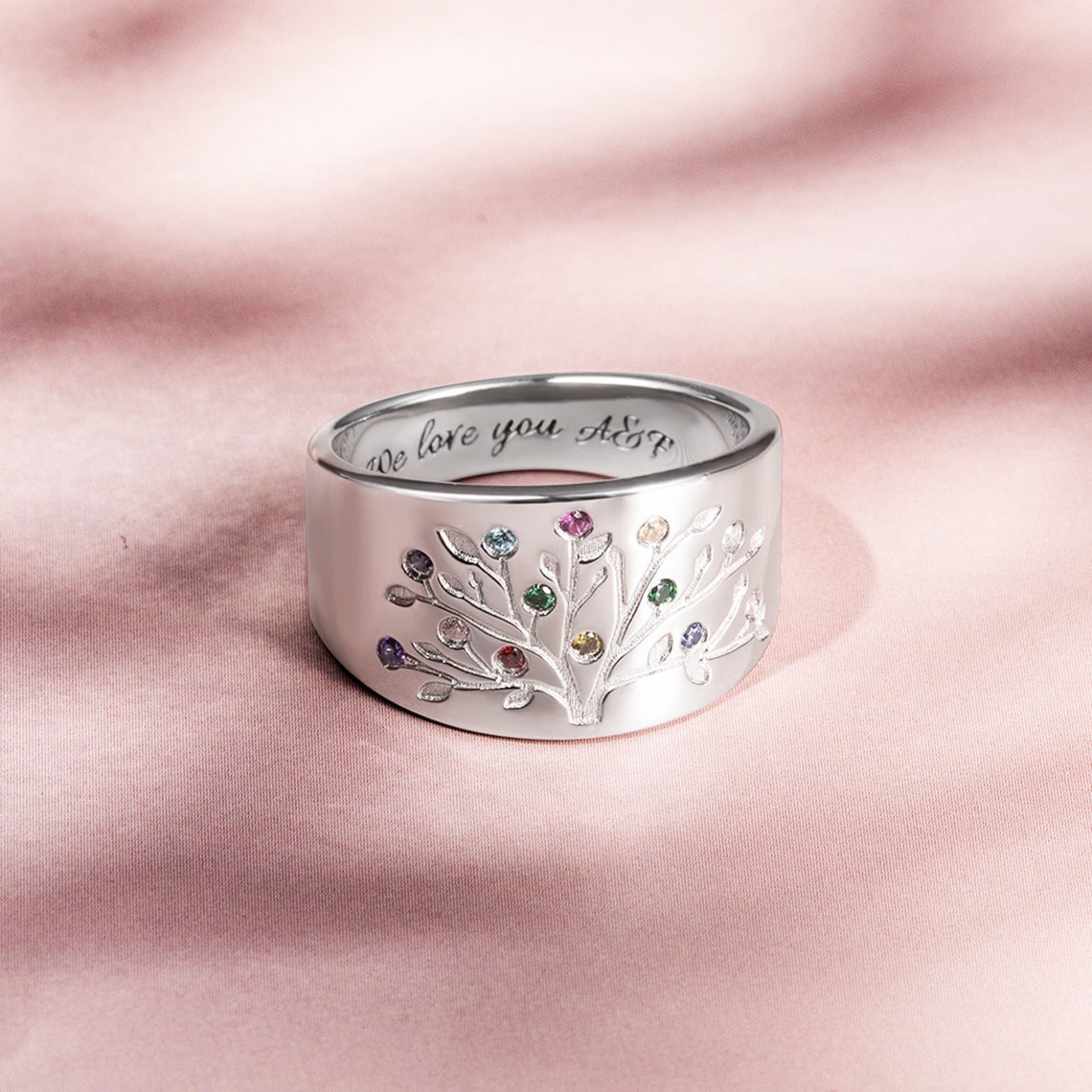 Custom Family Tree Ring With Birthstones Personalized Name - Etsy