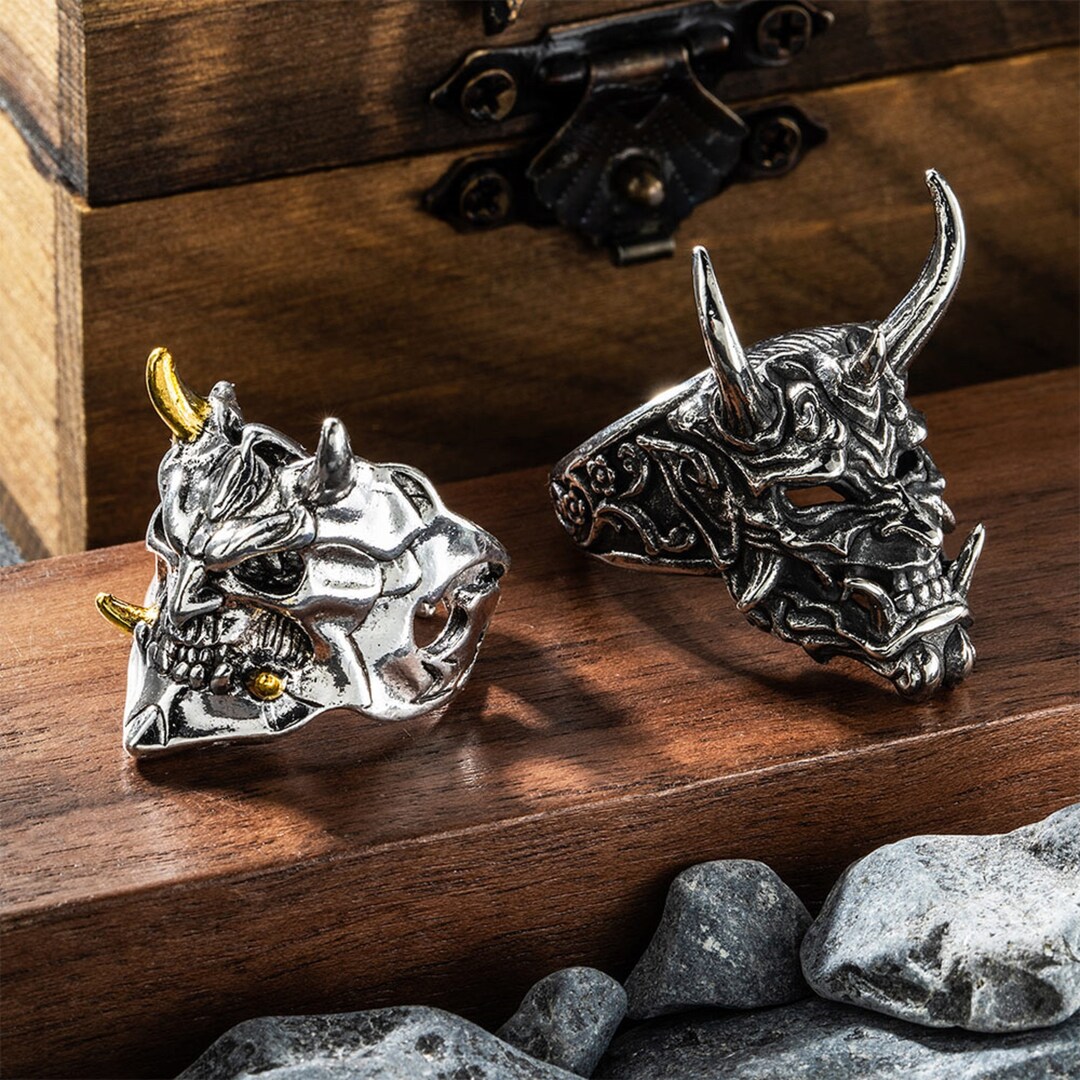 Handmade Silver Oni Mask Ring, Men & Women Jewelry Unisex Accessory ...