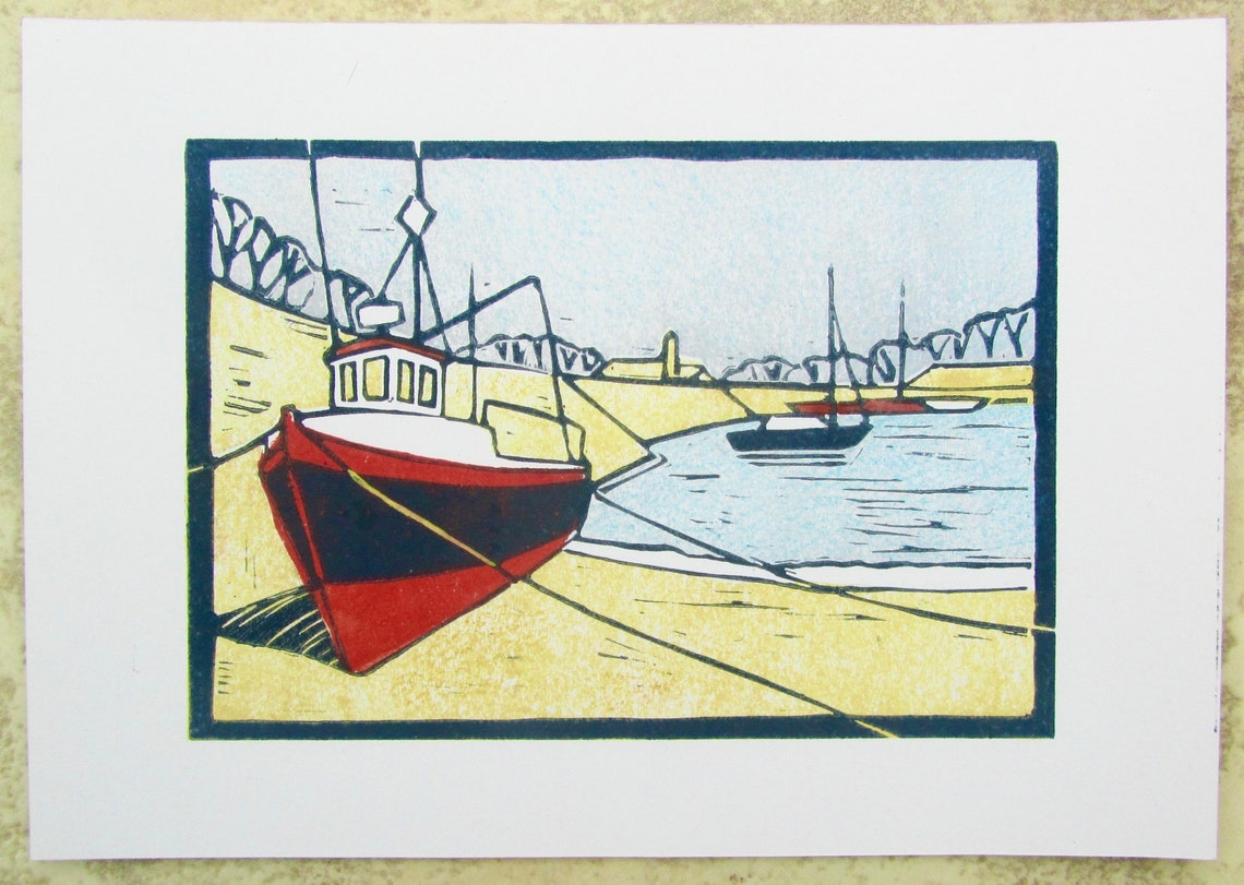 Red Boat Linocut Original Limited Edition Print Picture - Etsy