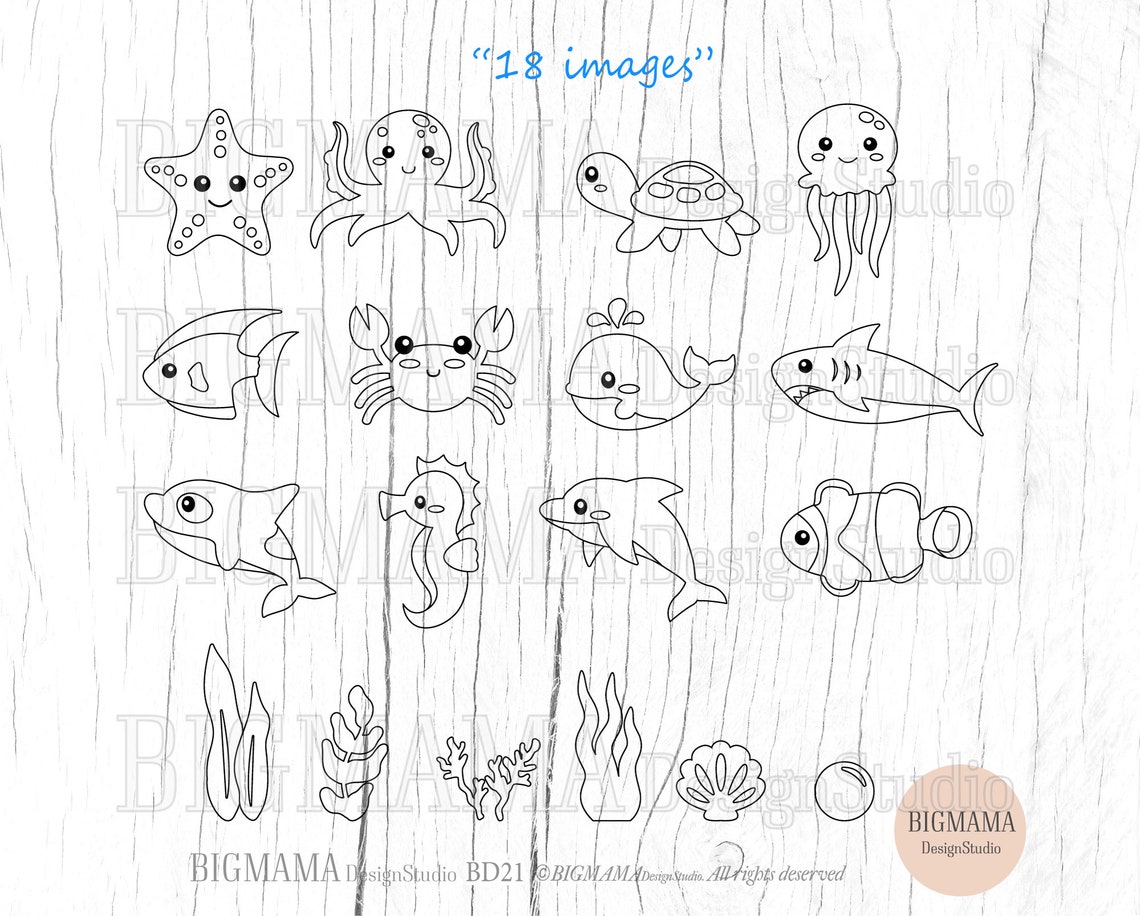 Sea Animals Outline Svg,cut File Bundle,ocean,starfish,dolphin,turtle ...
